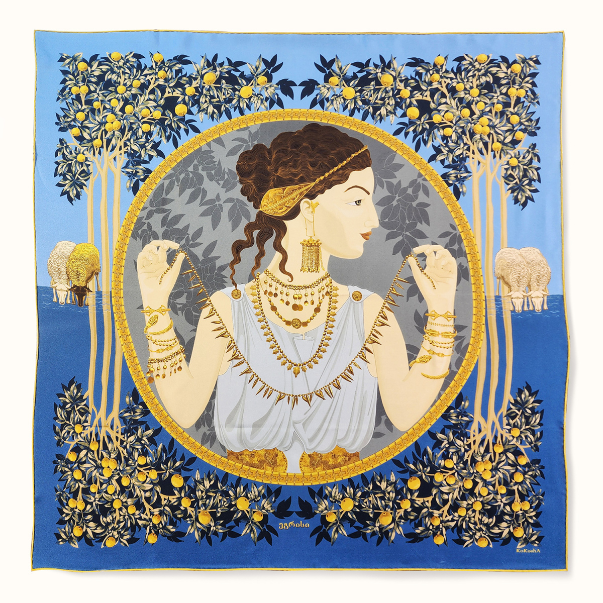 Scarf "COLCHIS" silk 90x90 on a blue background by Kokosha buy online